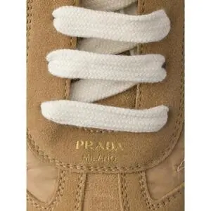 Prada Leather And Suede Lace-up Sneakers - Cream