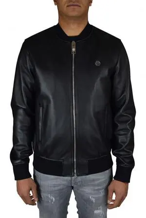 Philipp Plein Leather Bomber Jacket - Black