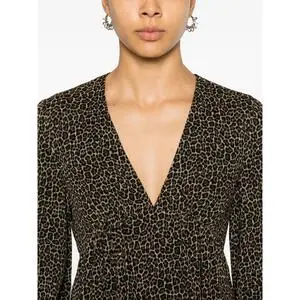 Saint Laurent Leopard Print Wool And Silk V-neck Day Dress - Brown