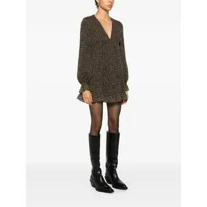 Saint Laurent Leopard Print Wool And Silk V-neck Day Dress - Brown