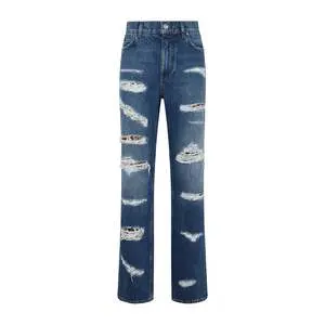 Dolce & Gabbana Animal Print Cotton Denim Jeans - Blue