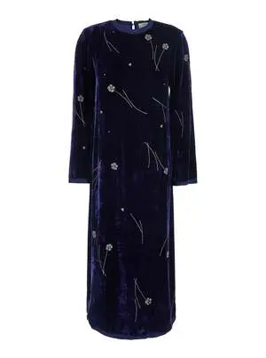 FORTE_FORTE Fleurs D'orient' Blue Crew Neck Long Dress With All-over Floral Embroidery In Velvet For - Multicolor