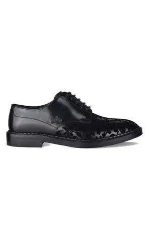 Dolce & Gabbana Baroque Velvet Motif Smooth Leather Derby Shoes - Black