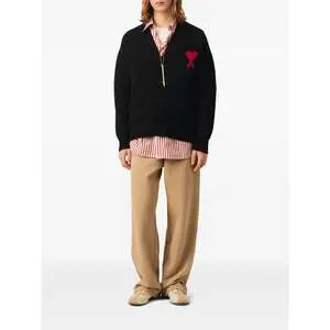 AMI Paris Wool Intarsia-knit Cardigan - Black