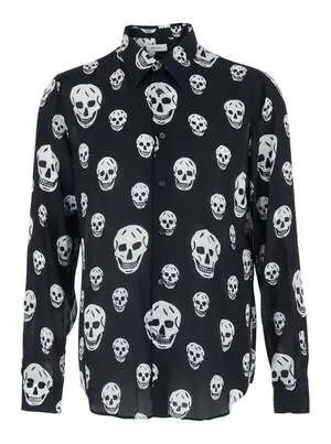 Alexander McQueen Black Pointed Collar Shirt With All-over Skull Print For - Multicolor