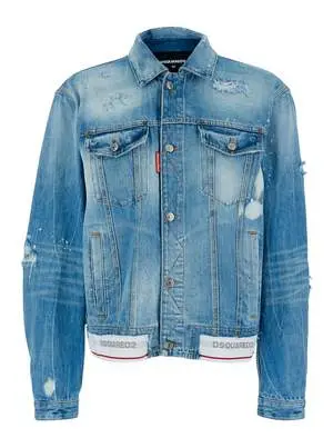 Dsquared2 Light Blue Jacket With Logo Band At The Waist And Ripped Design In Denim - Multicolor