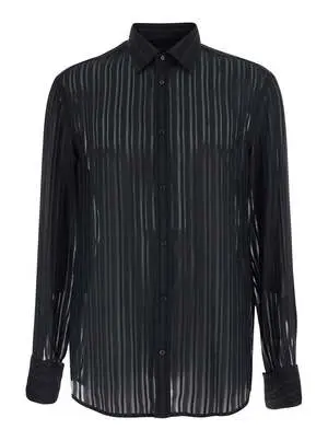 Gucci Black Shirt With Classic Collar And All-over Striped Pattern In Silk For - Multicolor
