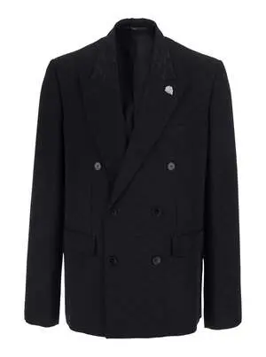 Gucci Black Double-breasted Jacket With Peak Revers And Gg Motif In Cotton Blend For - Multicolor