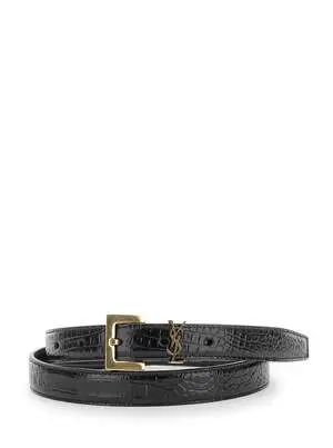 Saint Laurent Thin Belt With Cassandre Detail In Black Crocodile-embossed Leather For - Brown