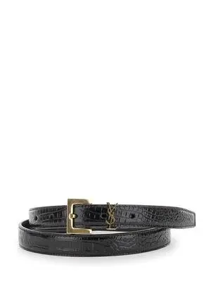 Saint Laurent SAINT LAURENT Cassandre Detail Crocodile-Embossed Leather Belt Brown