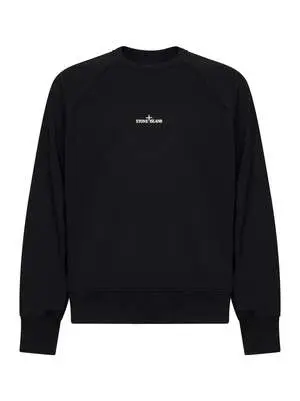 Stone Island Black Cotton Crewneck Sweatshirt With Compass Print - Multicolor