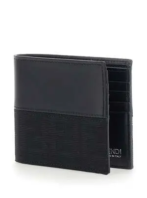 Fendi Dark Bi-fold Wallet With Ff Motif In Leather And Fabric For - Brown