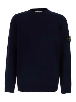 Stone Island Blue Crewneck Sweater With Logo Patch On The Sleeve In Wool For - Multicolor