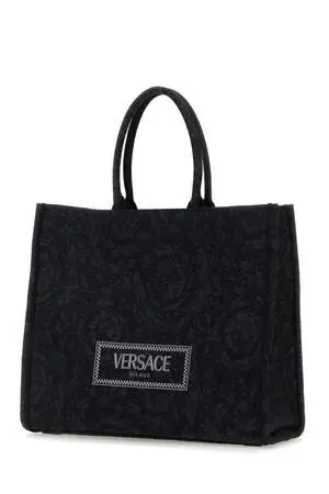 Versace Embroidered Fabric Big Athena Shopping Bag - Black