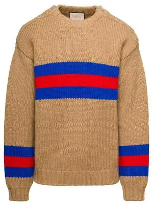 Gucci Camel Brown Crewneck Sweater With Web Intarsia In Wool And Mohair - Multicolor