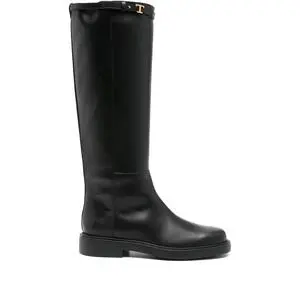 TOD'S Calf Leather Knee High Flat Boots - Black