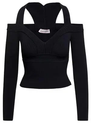 Alexander McQueen Black Cropped Top With Cut-out Details Black In Jersey Stretch - Multicolor