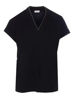 Brunello Cucinelli Monili Trim V-neck Cotton T-shirt - Black