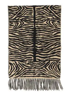 Fendi Black Scarf With Tiger Stirpe Motif And Fringed Edge In Wool For - Multicolor