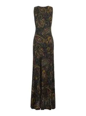 Etro Embroidered Tech Fabric Sleeveless Round Neck Long Dress - Multicolor