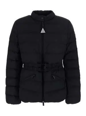 Moncler Esthetique' Black Down Jacket With Waist Belt And Logo Patch On The Sleeve In Tech Fabric For - Multicolor