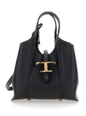TOD'S Tote Bag With Two Top Handles And Logo Plate On Front In Black Hammered Leather For - Multicolor