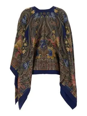 Etro Blue Cape With Paisley Motif And All-over Floral Print In Blend Wool For - Multicolor