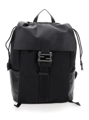 Fendi Black Backpack With Logo Plaque And All-over Ff Motif In Nylon - Multicolor