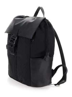 Fendi Black Backpack With Logo Plaque And All-over Ff Motif In Nylon