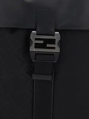 Fendi Black Backpack With Logo Plaque And All-over Ff Motif In Nylon