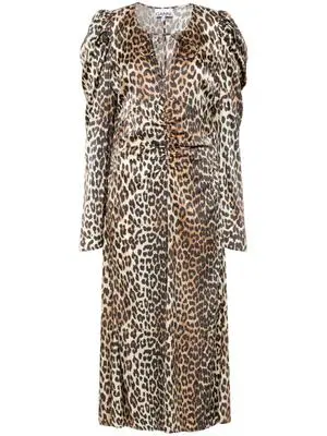 GANNI Leopard Print Midi Dress - Multicolor