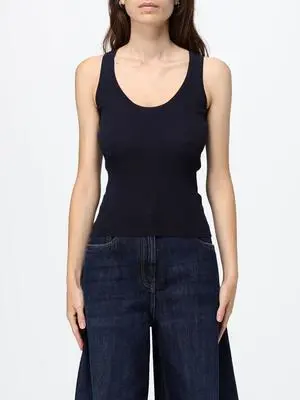 Max Mara Slim Fit Ribbed Cotton Knit U-neck Top - Blue