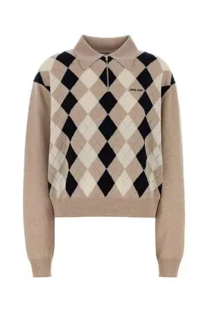 Miu Miu Miu Miu Cashmere Argyle Polo Shirt Brown