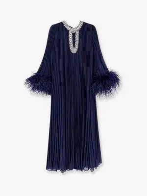 SELF-PORTRAIT Chiffon Long Dress With Ostrich Feathers - Blue