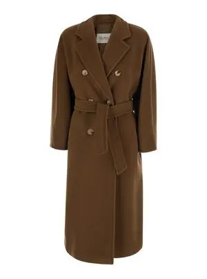 Max Mara Madame' Brown Double-breasted Coat With Notched Revers And Front Belt In Wool And Cashmere For - Multicolor