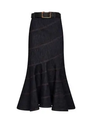 SELF-PORTRAIT Denim Belted Midi Skirt - Multicolor