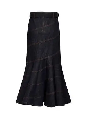SELF-PORTRAIT Denim Belted Midi Skirt - Multicolor