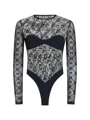 MARINE SERRE Black Flocked Monogram Mesh Bodysuit - Multicolor
