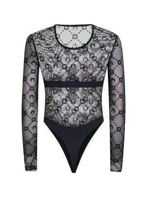 MARINE SERRE Black Flocked Monogram Mesh Bodysuit