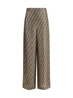 Fendi Monogram Pattern Silk Pants - Brown