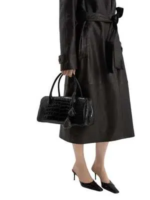 Magda Butrym Brigitte Bag In Dark Crocodile-embossed Leather With A Flower-shaped Charm - Brown