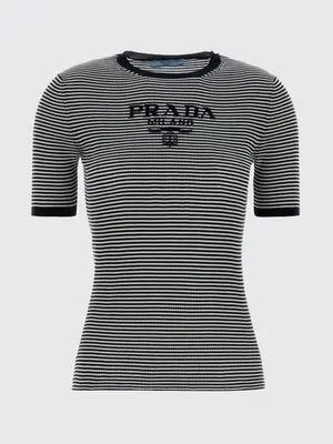 Prada Striped Recycled Silk Crew Neck Sweater With Logo - Blue