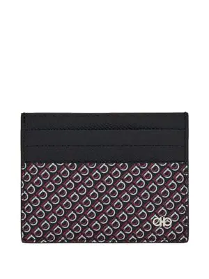 FERRAGAMO Micro Gancio-print Hammered Leather Card Holder - Black