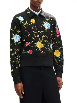 Kenzo Wildflower` Embroidered Half-zip Cotton Sweatshirt - Black