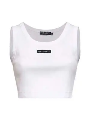 Dolce & Gabbana White Ribbed Cotton Cropped Logo Tank Top - Multicolor