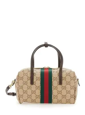 Gucci Boston' Beige Mini Bag With Web Detail On The Side And Adjustable And Removable Strap In Gg Canvas For - Multicolor