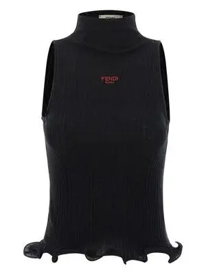 Fendi High Neck Fitted Sleeveless Top With Ruffles - Black
