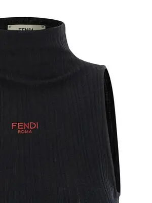 Fendi High Neck Fitted Sleeveless Top With Ruffles - Black