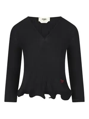 Fendi V-neck Ribbed Top With Ruffles - Black