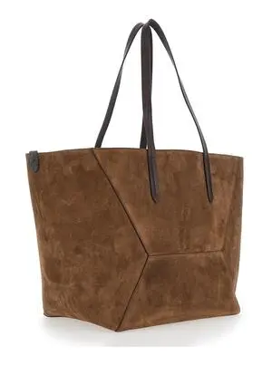 Brunello Cucinelli Duo' Brown Tote Bag With Panelled Design And Two Top Handles In Suede For - Multicolor